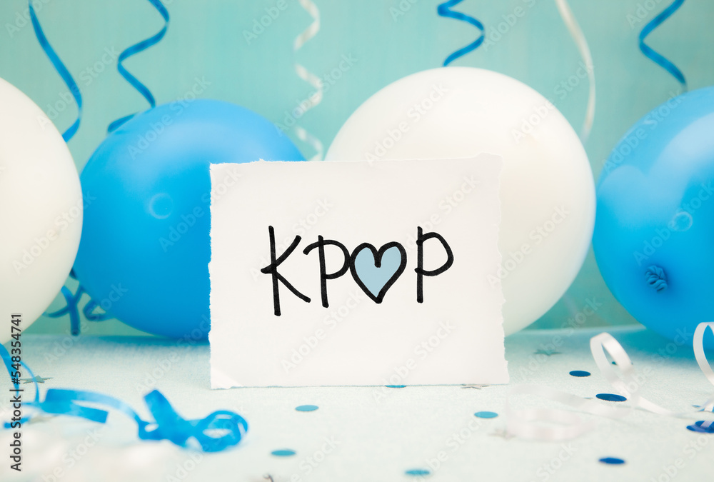 Kpop with heart - korean pop music concept, card with text on blue and ...