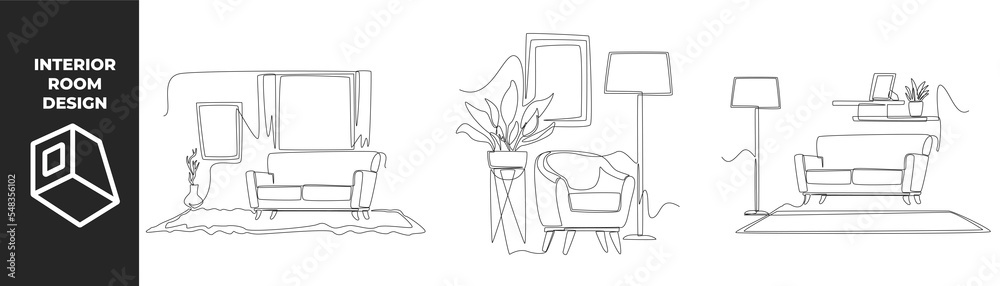 Single one line drawing interior room concept. living room set with ...