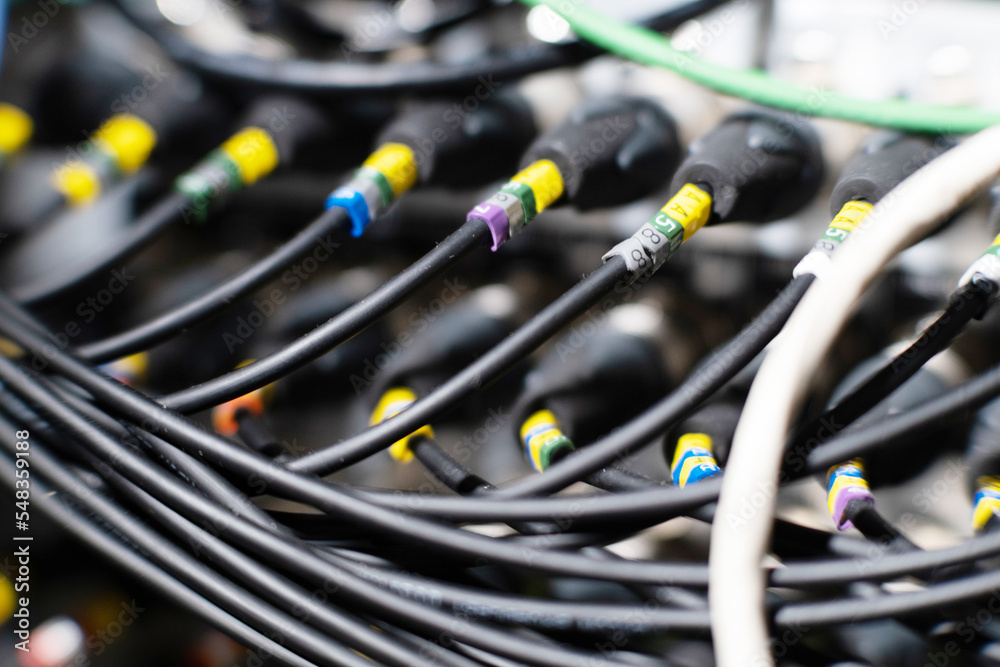 Sound control panel. Large quantities of XLR connectors and wires ...