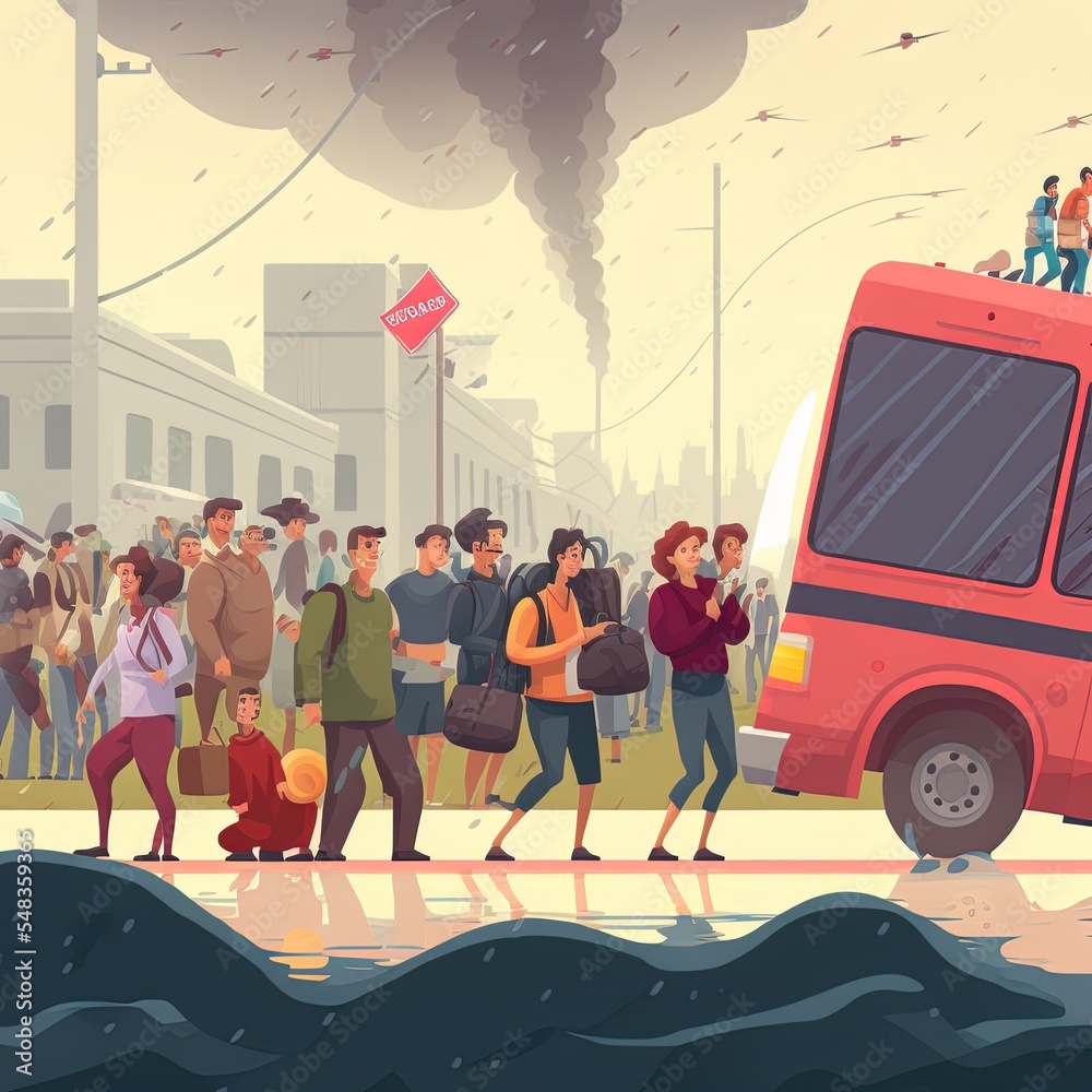 Emergency evacuating people from natural disasters, flood, earthquake ...