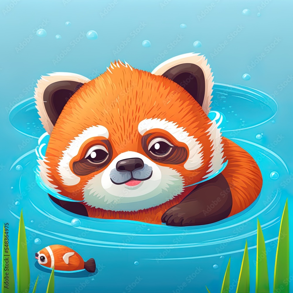 Cute red panda swimming cartoon 2d illustrated icon illustration Stock ...