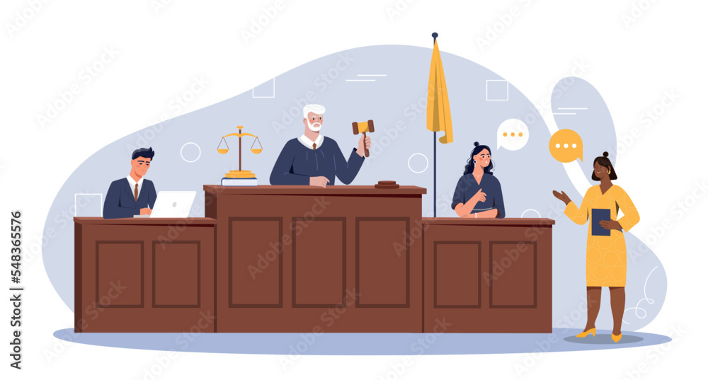 Court session concept. Judge makes decisions, listens to lawyer and ...