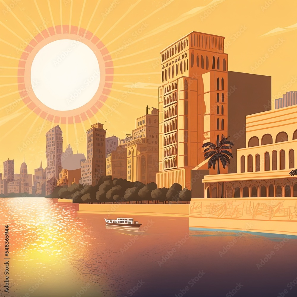 Orange suncartoon style on the nile river from a boat the sun hides on ...