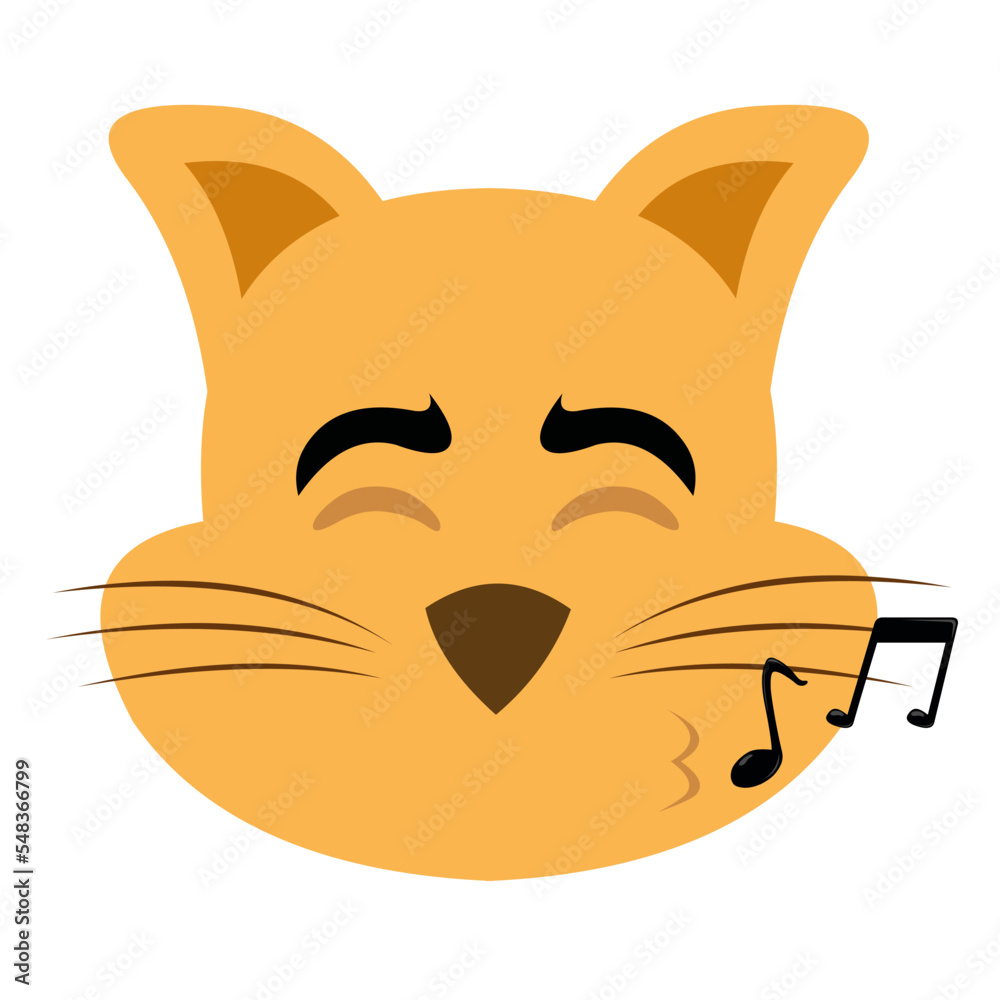 vector illustration of the face of a cartoon cat whistling with musical ...