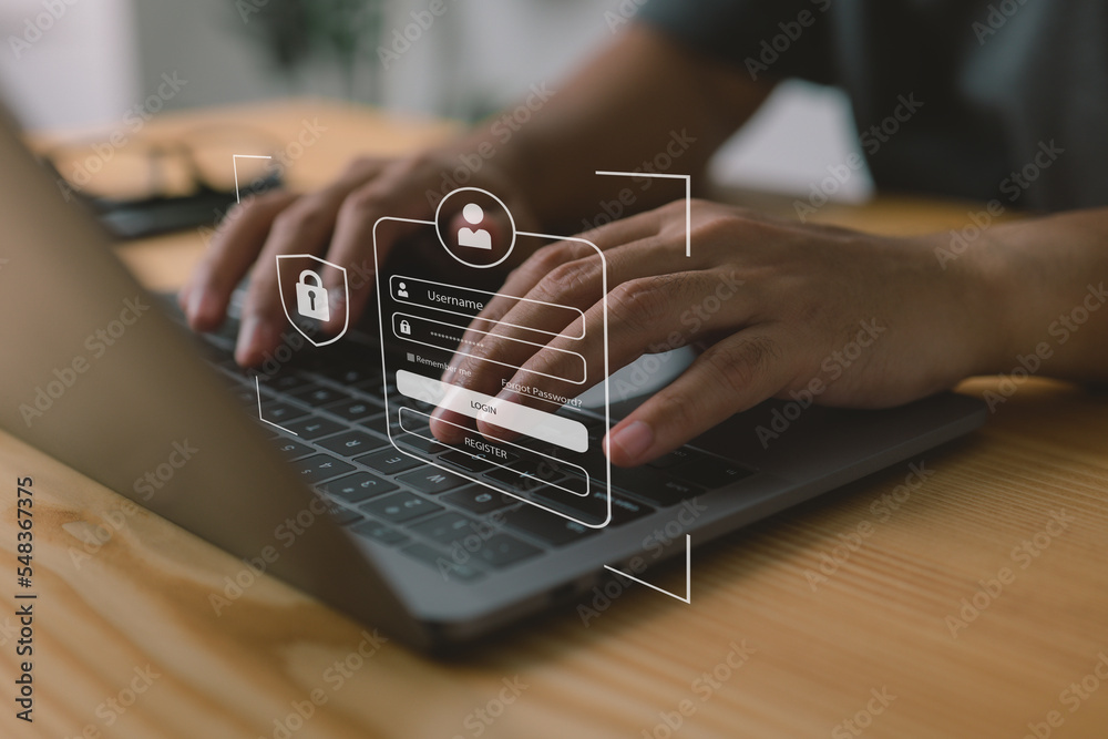 Cybersecurity and privacy concepts protect data. Businessmen protecting ...