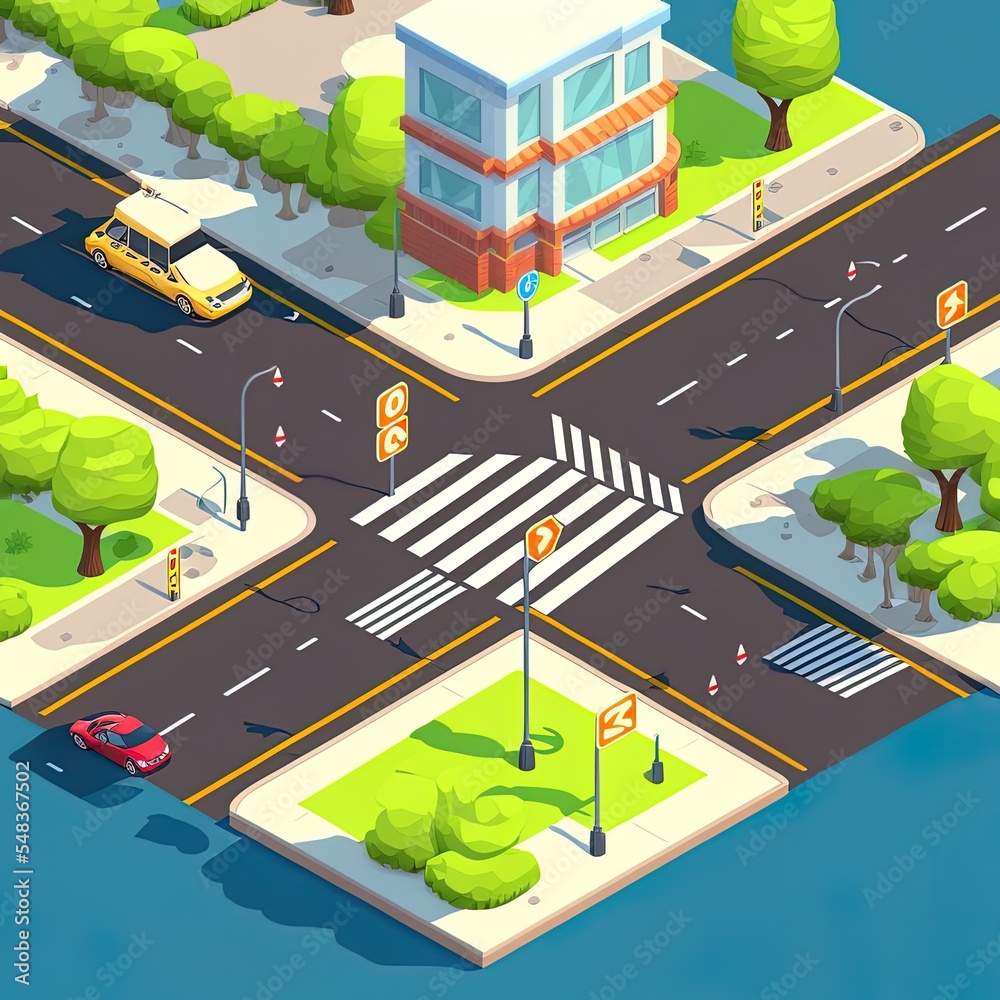 Road cartoon style isometric composition with view of uncontrolled road intersection with zebra ...
