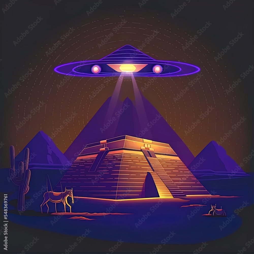 Ufo Steal Egypt Pyramids Top In Night Desert, Alien Saucer Pull Piece Of Egyptian Pharaoh Tomb ...