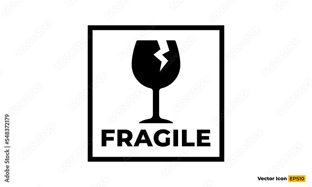 Fragile flat icon with crack and black square frame isolated on white ...
