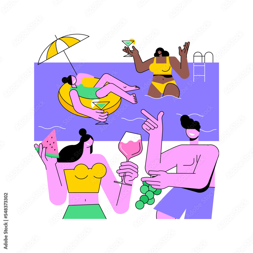 Pool party isolated cartoon vector illustrations. Group of young people celebrating birthday in ...