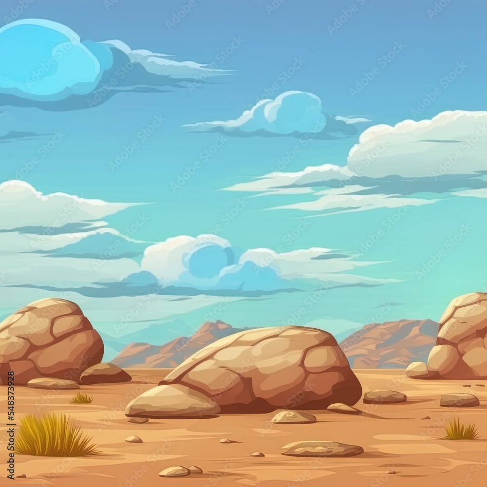 Desert Landscape With Golden Sand Dunes And Stones Under Blue Cloudy ...