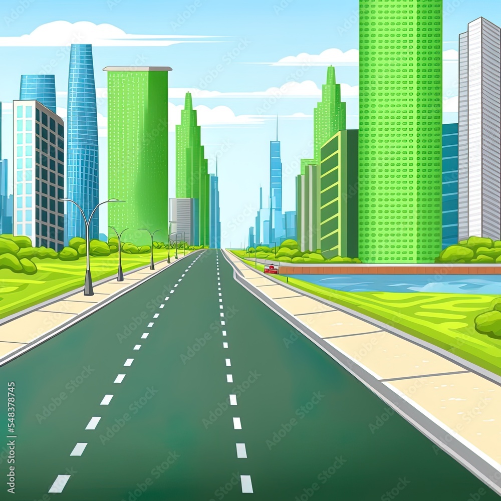 Highway, Empty Road To City With Skyscraper Buildings And Modern Houses ...
