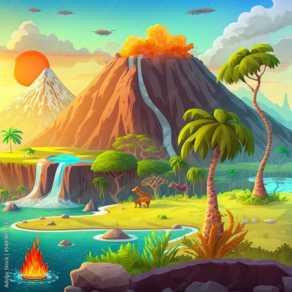 Prehistoric planet landscape cartoon style with volcano Stock ...
