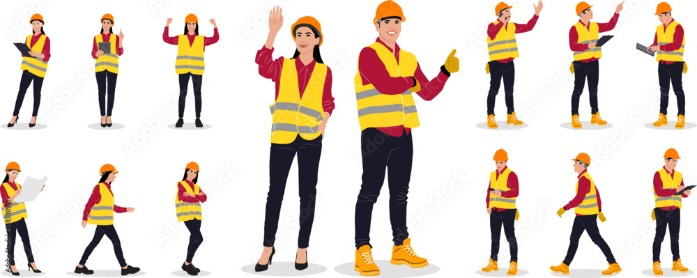 Hand-drawn set of male and female workers with helmets and vests ...