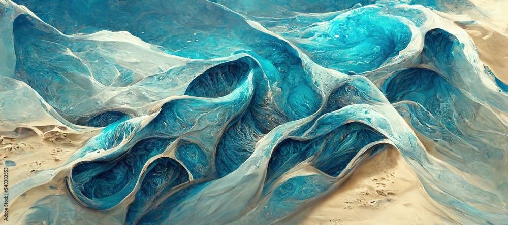 Abstract ice blue glacier dune curves and folds, highly detailed frozen ...