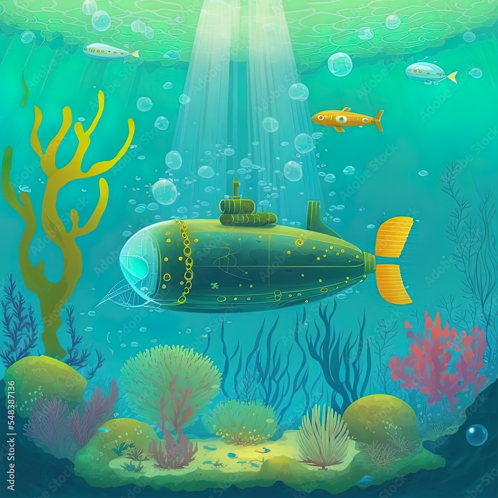 Underwater sea landscape with submarine, aquatic plants and animals. 2d ...