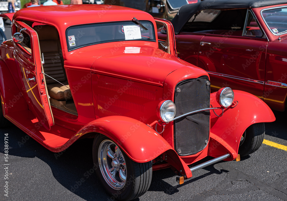 NISSWA, MN – 30 JUL 2022: Customized red hot street rod with custom ...