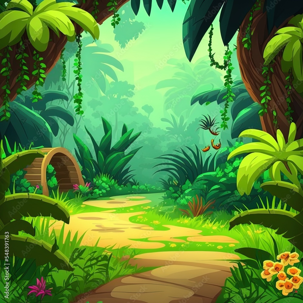Cartoon jungle background with pathway through exotic plants Stock ...
