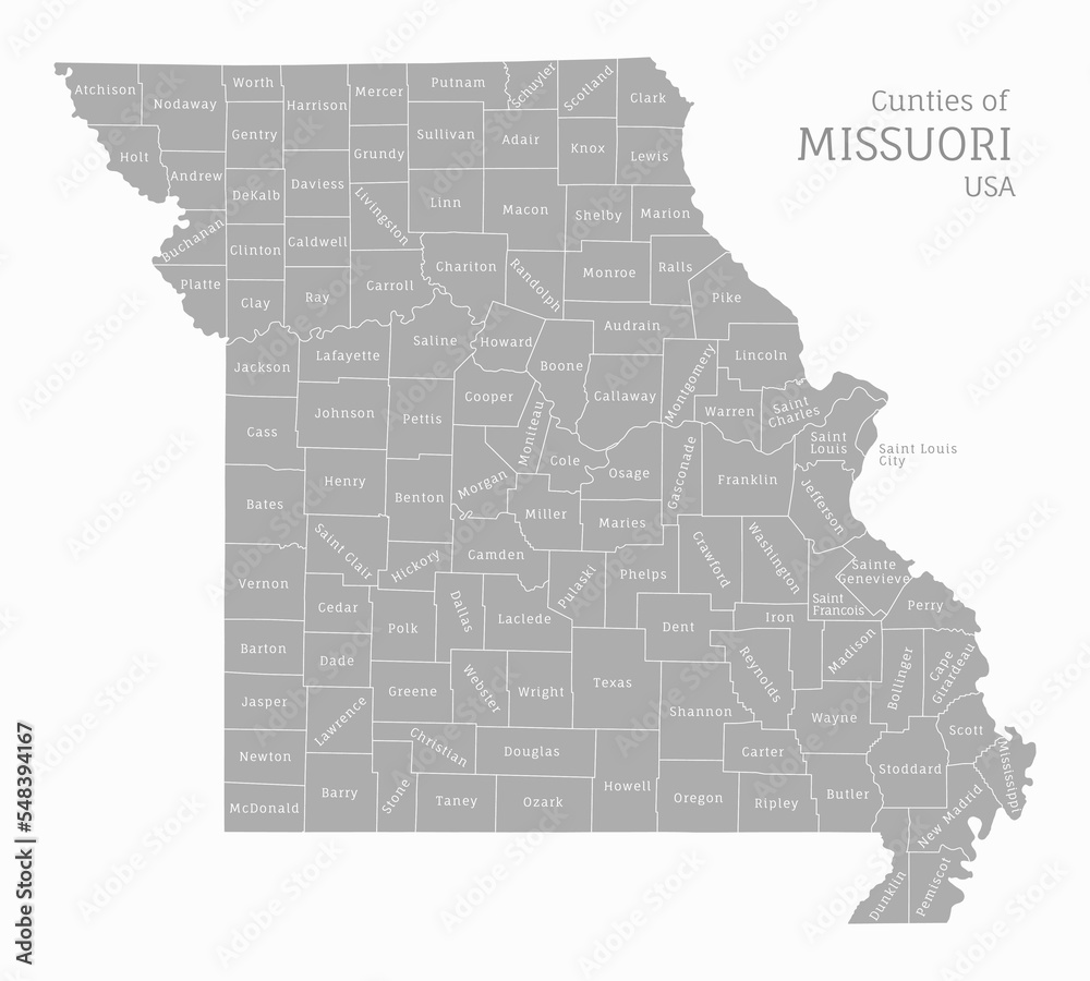 Highly detailed gray map of Missouri, US state. Editable administrative ...