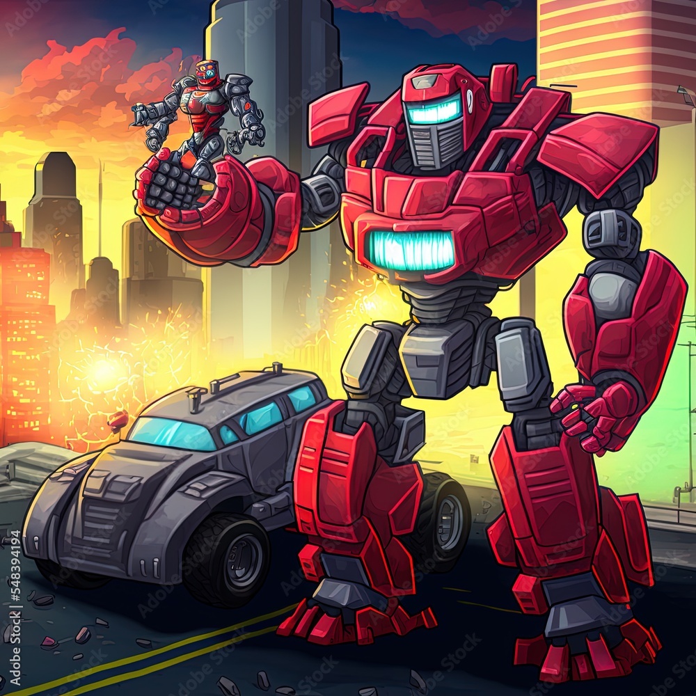 Robot Transformers In Form Of Android And Car In Futuristic City. 2D ...