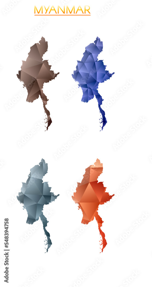 Set of vector polygonal maps of Myanmar. Bright gradient map of country ...