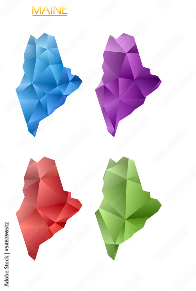 Set of vector polygonal maps of Maine. Bright gradient map of us state ...