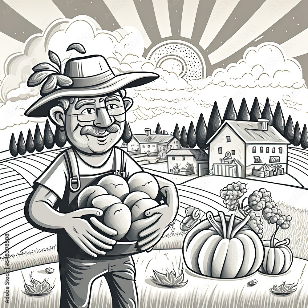 Cartoon farm and agriculture background with monochrome farming emblems ...