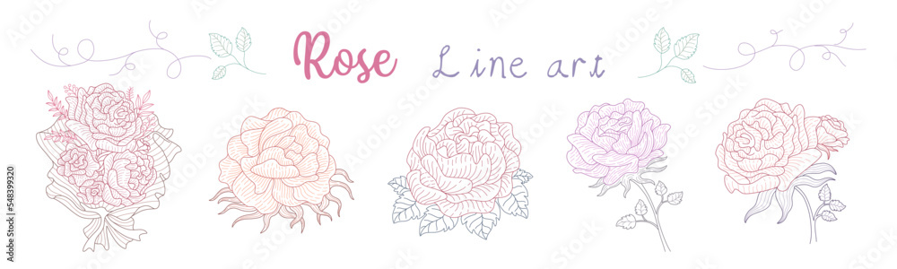 Set Vector roses line art Designed in doodle style on a white ...