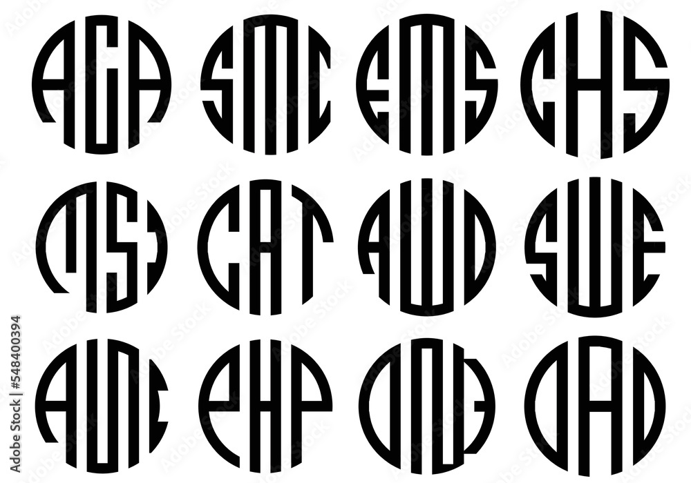 Circle monogram font. Round logotype with 3 letters. Vintage symbol ...