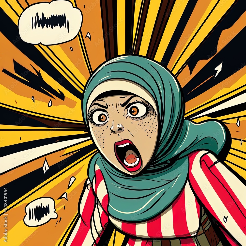 Arabic Woman Dressed In Hijab And Striped Jumpsuit Shocked Cartoon ...