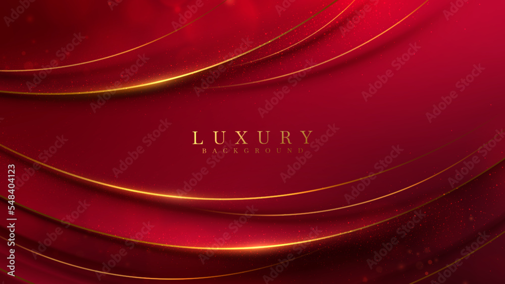 Luxury red color background with golden line elements and curve light ...