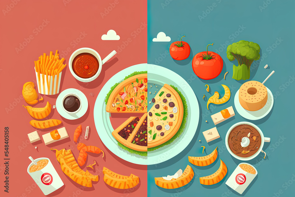 Healthy Vs Unhealthy Food Flat Illustration ilustração do Stock | Adobe ...
