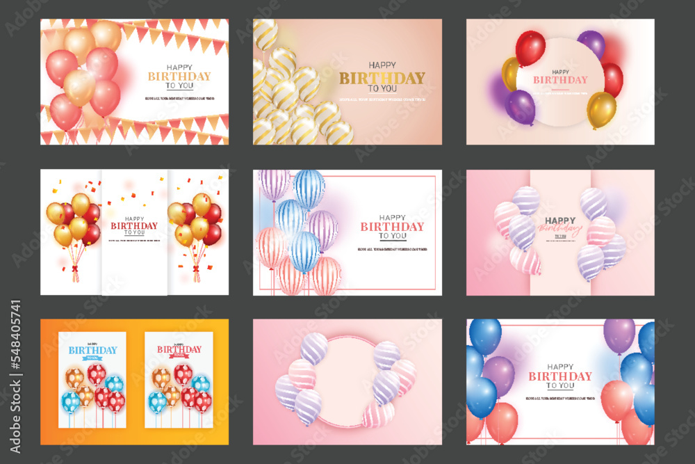 Birthday background set with realistic balloons and golden confetti ...