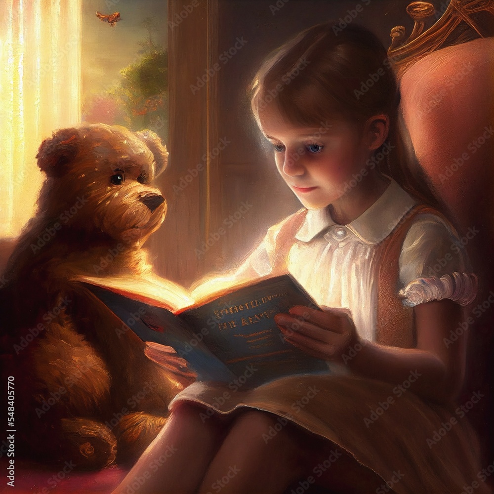 digital illustration of a little girl with a teddy bear child reading a ...