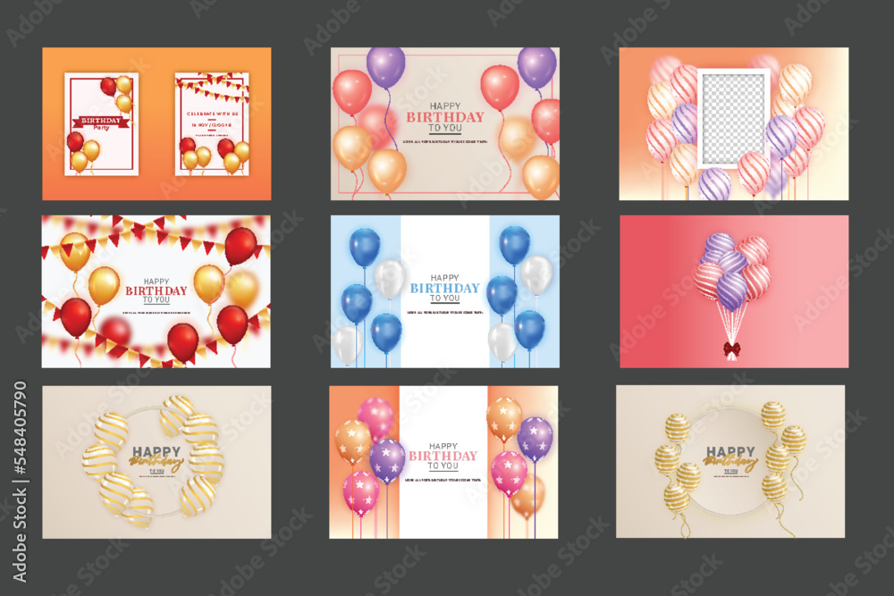 Birthday background set with realistic balloons and golden confetti ...