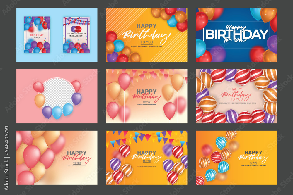 Birthday background set with realistic balloons and golden confetti ...