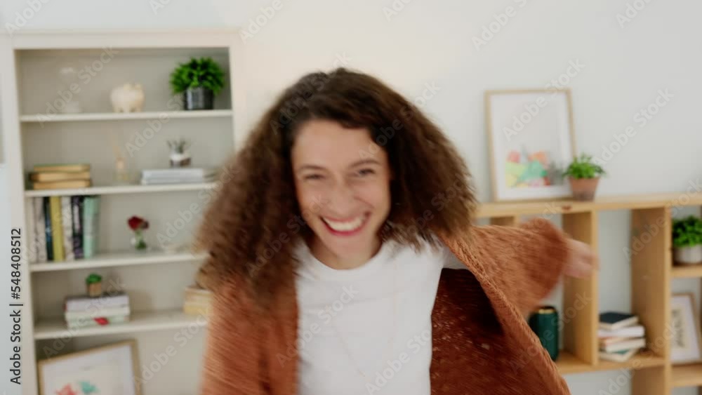 Crazy, woman and dance portrait in home with excited, happy and relaxed ...