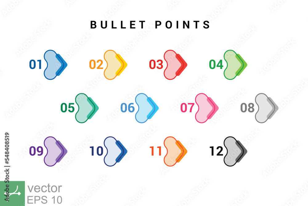 Direction number bullet points from one to twelve. Simple flat style. Number with arrow for list ...