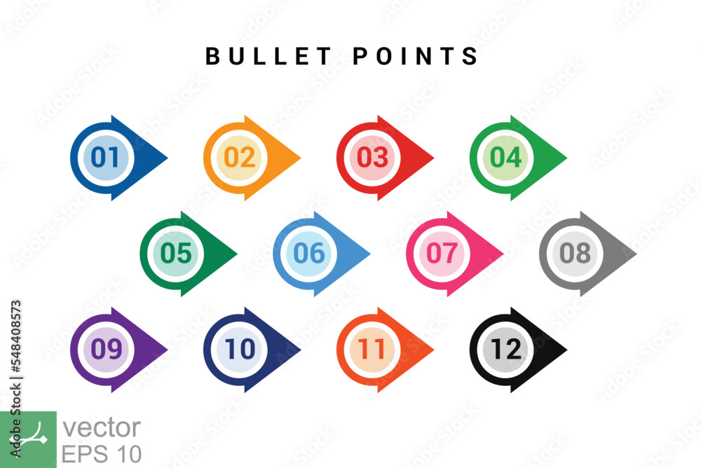 Direction number bullet points from one to twelve. Simple flat style. Number with arrow for list ...