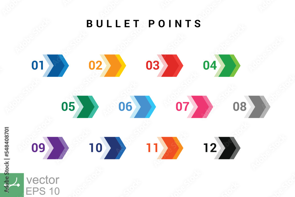 Direction number bullet points from one to twelve. Simple flat style. Number with arrow for list ...