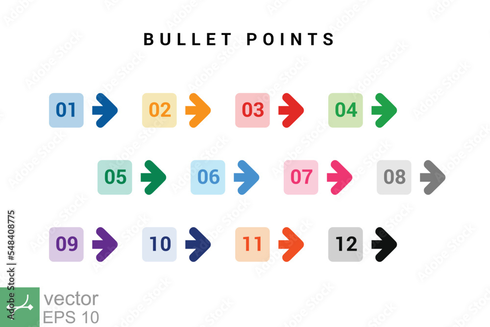 Direction number bullet points from one to twelve. Simple flat style ...
