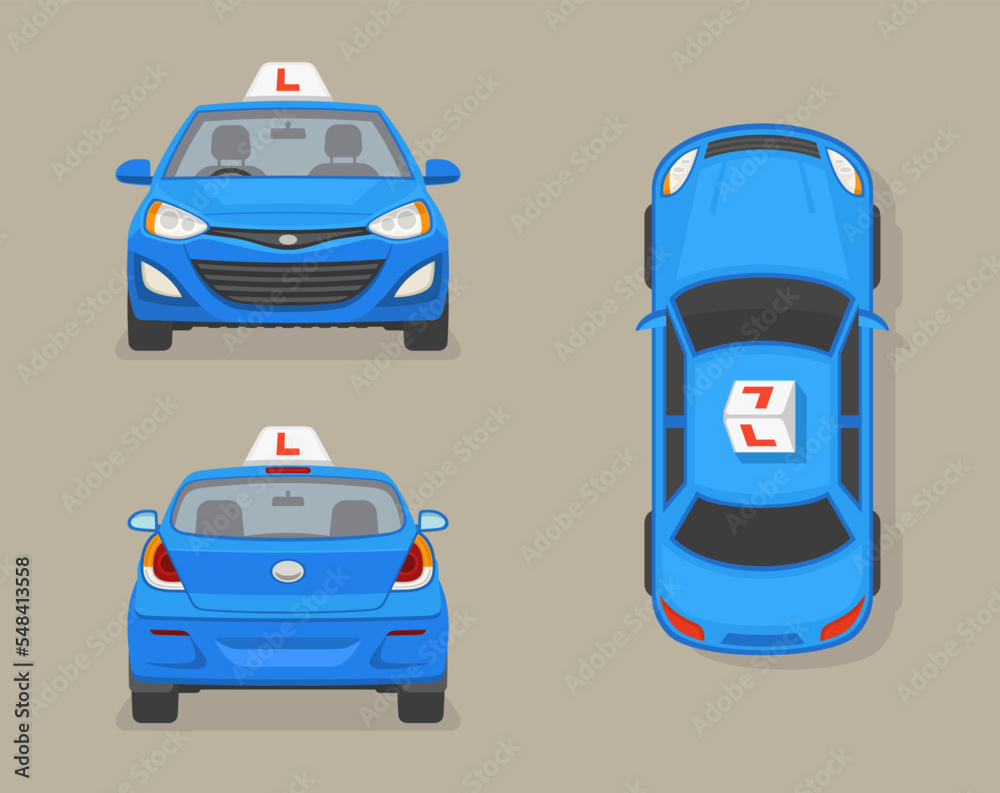 Isolated blue learner vehicle with "L" sign on a roof. Driving school ...