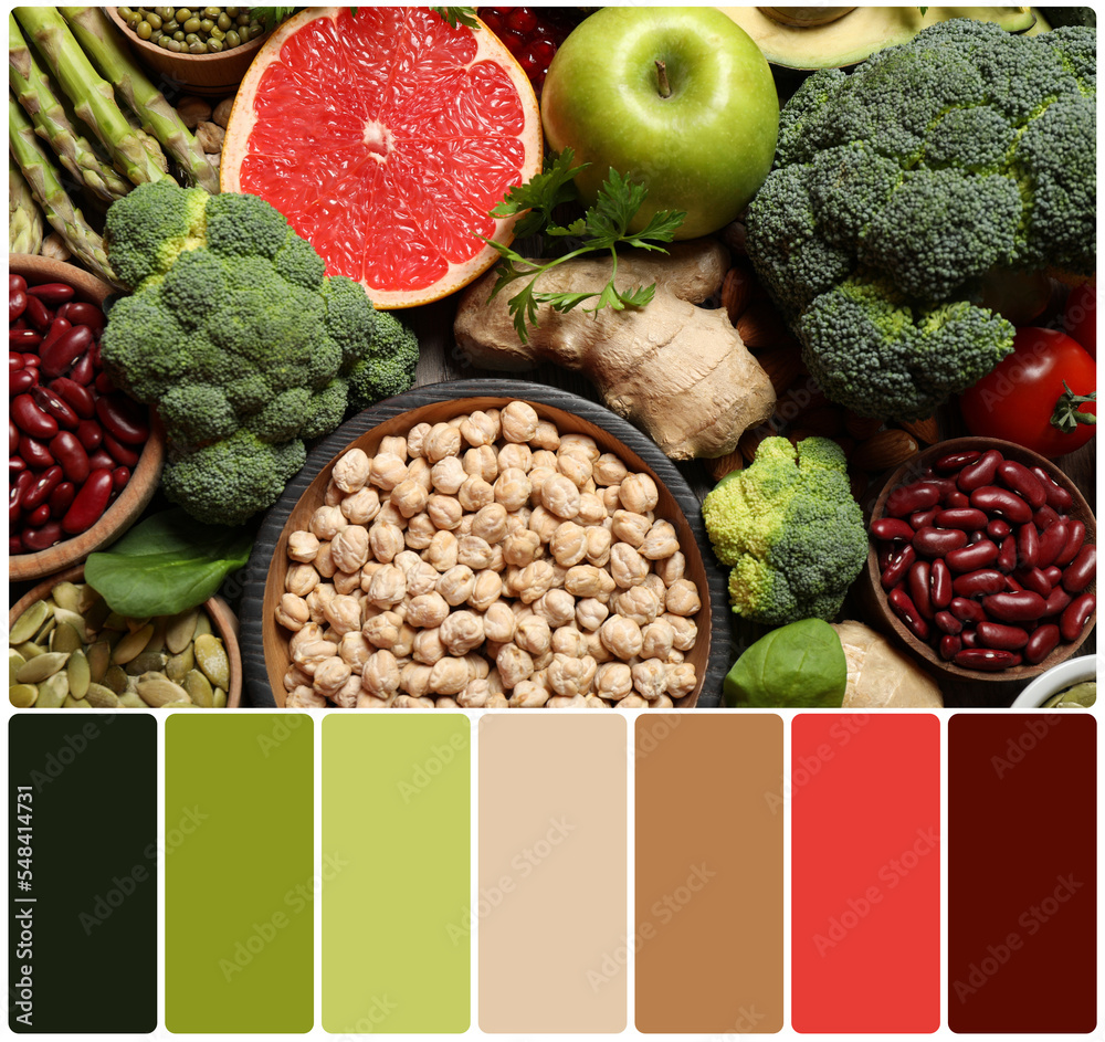 Top view of fresh vegetables, fruits and seeds and color palette ...