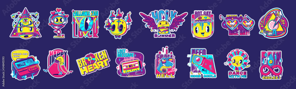 Retro colorful stickers, rave psychedelic icons with mushrooms, vintage ...