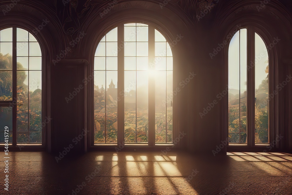 Large panoramic arched windows. Fantasy interior of the palace with ...