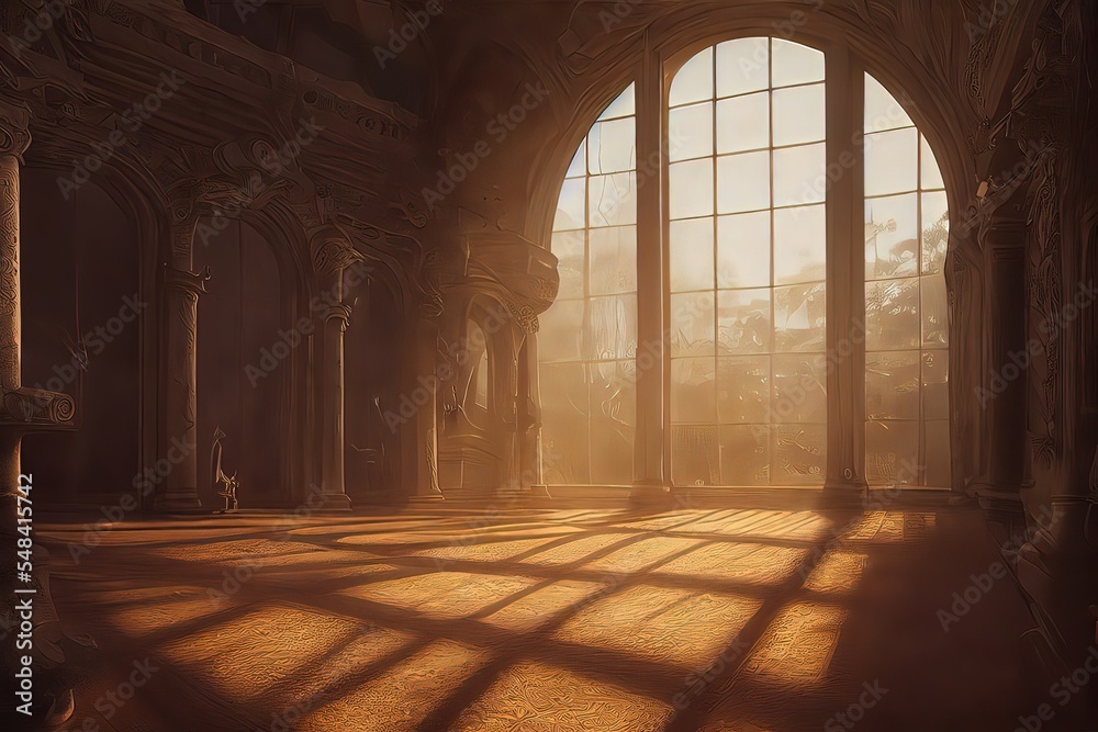 Large panoramic arched windows. Fantasy interior of the palace with ...