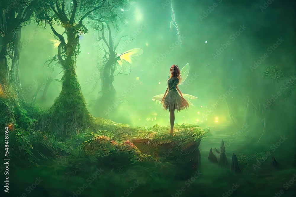 Fantasy concept portrait of the fairy in the magic forest with a lot of ...