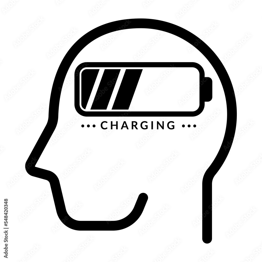 Human brain energy charging icon. Flat style design. Recharge yourself ...