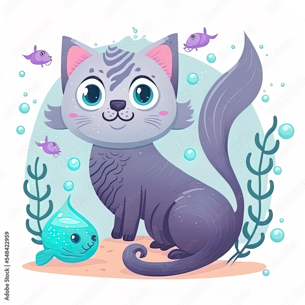 Cute Mermaid Cat With Fish Cartoon 2D Illustrated Icon Illustration ...