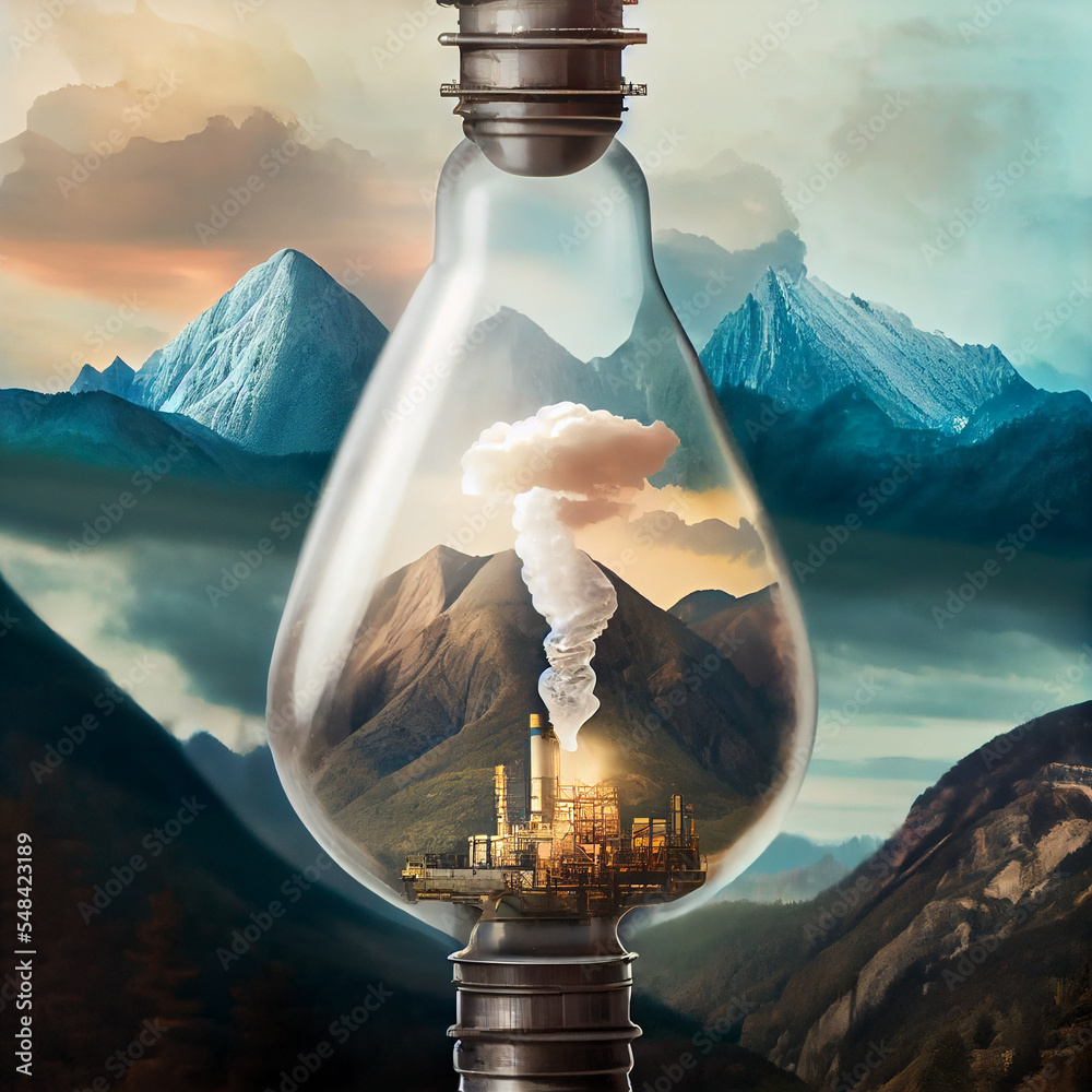 International Energy Day - pollution and gas flare inside a light bulb ...