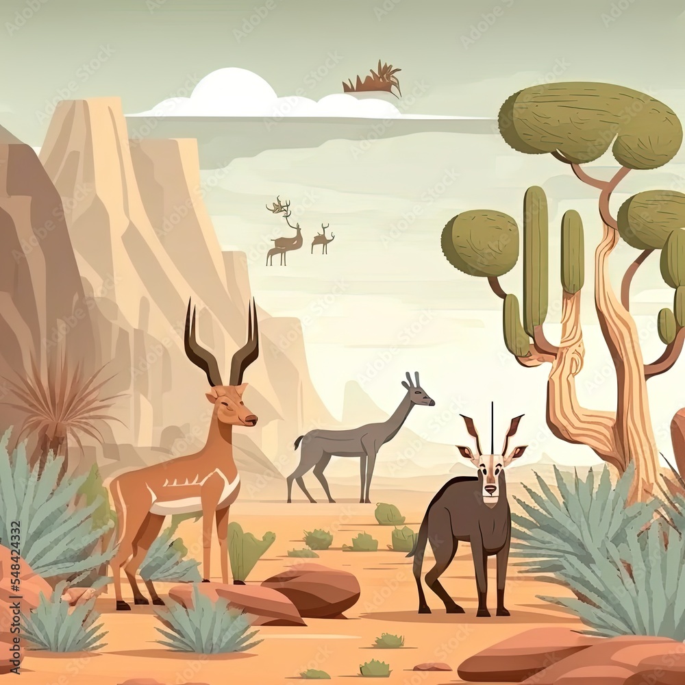 Desert Forest Landscape At Daytime Scene With Desert Animals And Plants ...